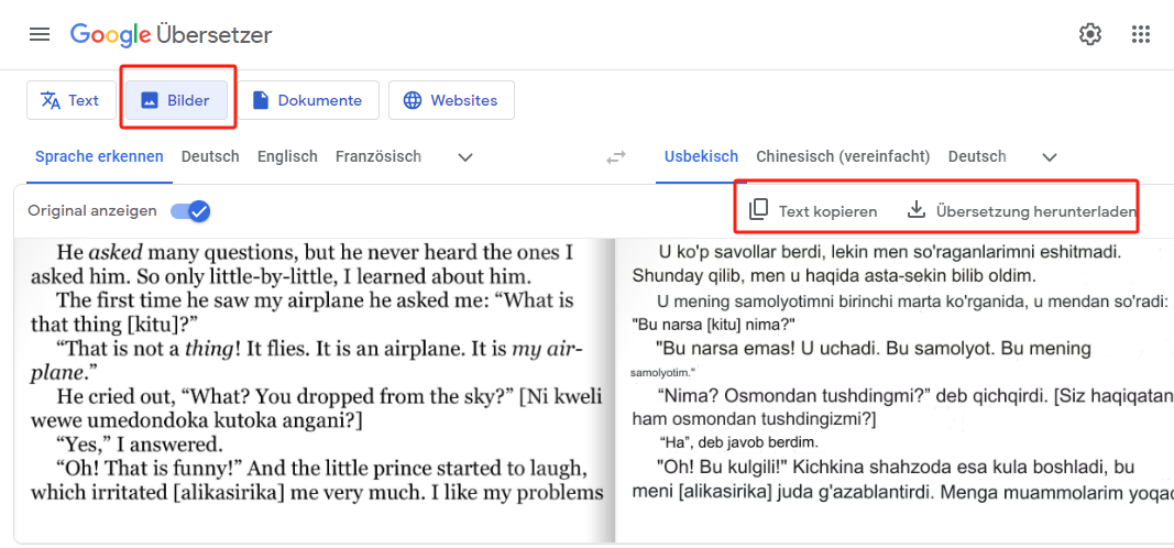 Google Übersetzer - Bild übersetzen von English ins Usbekische
